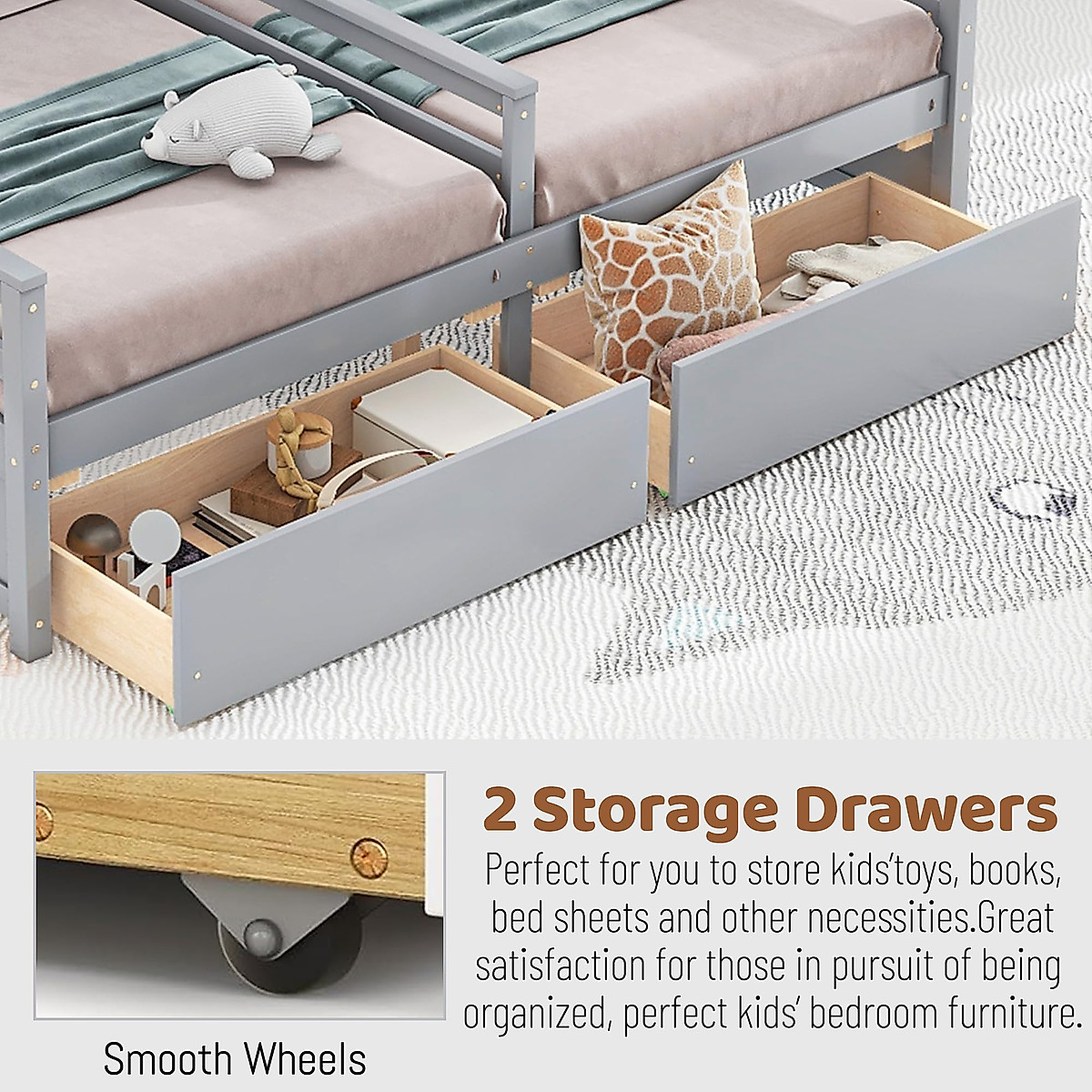 Harper & Bright Designs House Bed with 2 Twin Platform Beds for Kids,Wooden Double Twin Beds with Storage Drawers and Roof, 2 Beds in 1 Shared Beds for Girls or Boys,No Box Spring Needed,Grey