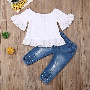Madjtlqy Toddler Kids Clothing Baby Girls Vest Tank Top Ripped Denim Shorts Skirts Outfits Clothes Set (5-6 Years, White)