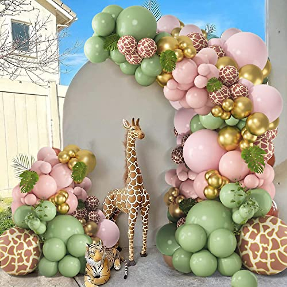 Rubfac 145 Wildlife Pink Sage Green Balloon Garland Arch Kit Giraffe Balloons for Girls Baby Shower Wild Decoration Giraffe Safari Party Supplies