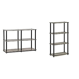 Furinno Turn-N-Tube 3-Tier Double Size Storage Display Rack, French Oak Grey/Black & (99557GYW/BK) Turn-N-Tube 4-Tier Multipurpose Shelf Display Rack - French Oak Grey/Black