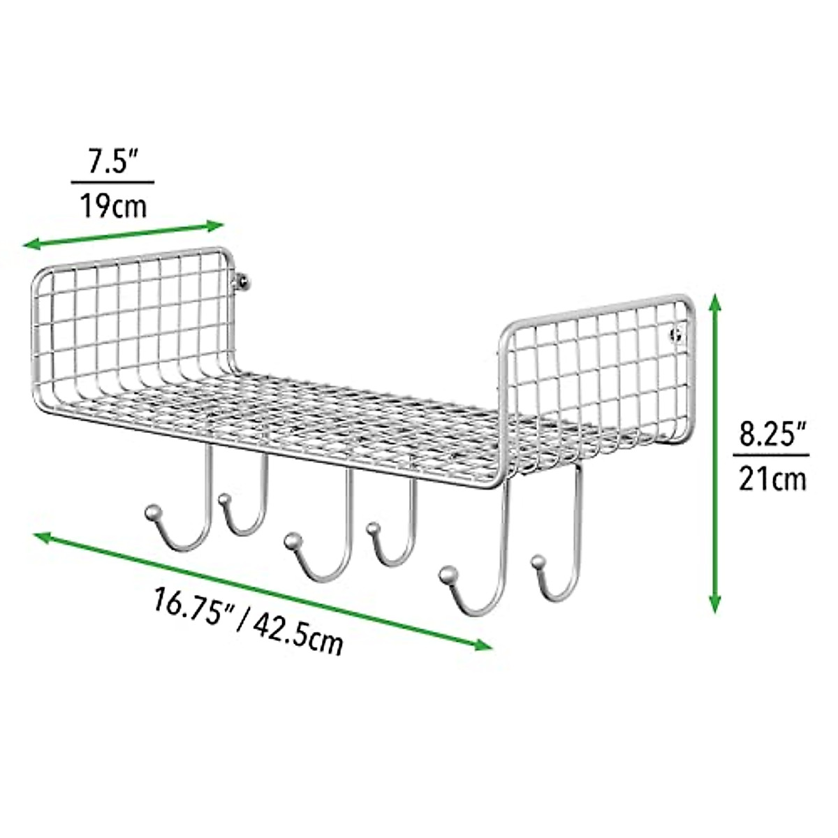 mDesign Metal Wire Farmhouse Wall Decor Storage Organizer Shelf with 6 Hooks for Entryway, Hallway, Mudroom, Bedroom, Bathroom, Laundry Room - Wall Mount - Chrome