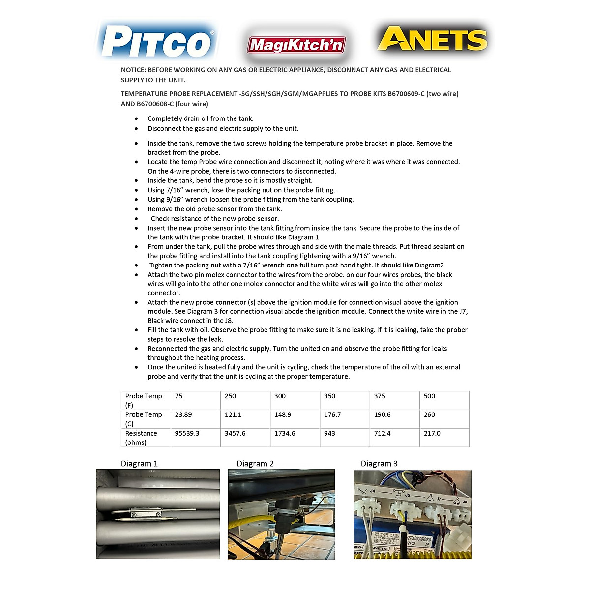 PITCO Probe, Temperature B6700608-CL Probe Servicec Kit Sg 2 Elem Wiring (Four Wire)