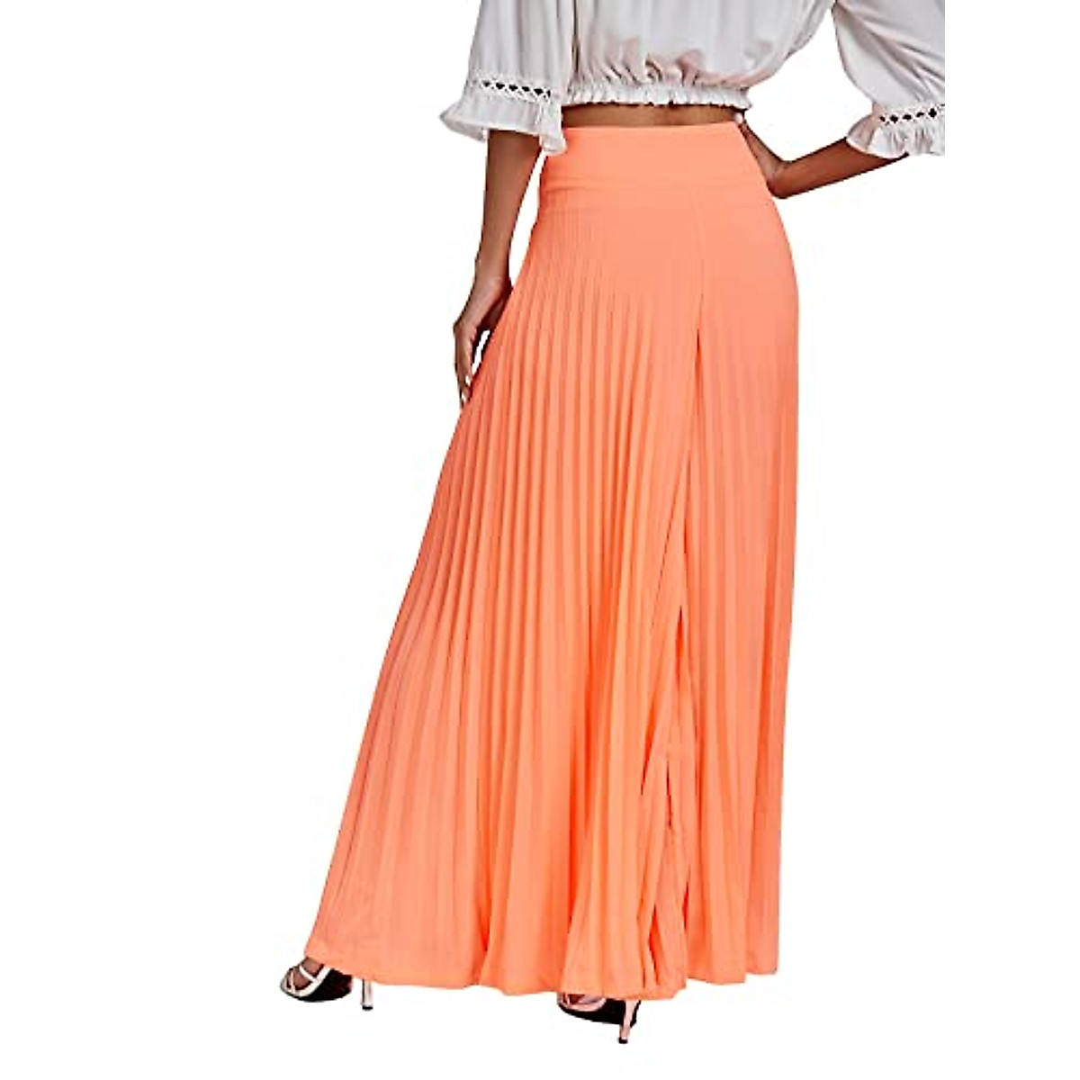 LYANER Women's Elastic High Waisted Wide Leg Palazzo Pants Loose and Casual Pleated Trousers Orange X-Large