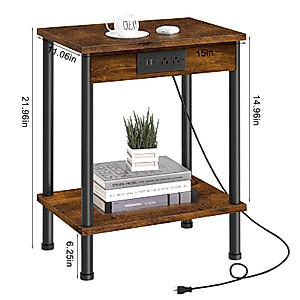 YUFAM End Table with Charging Station,Small Side Table with USB Ports and Outlets,2-Tier Nightstand with Storage Shelf,Sofa Bedside Table for Small Space in Living Room, Bedroom, Rustic Brown