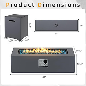 UPHA 42-Inch Outdoor Gas Fire Pit Table 50000 BTU Iron Rectangular Fire Pit for Outdoor Patio with Tank Cover Table, Metal Lid, Fire Glass, Rain Cover, Dark Grey