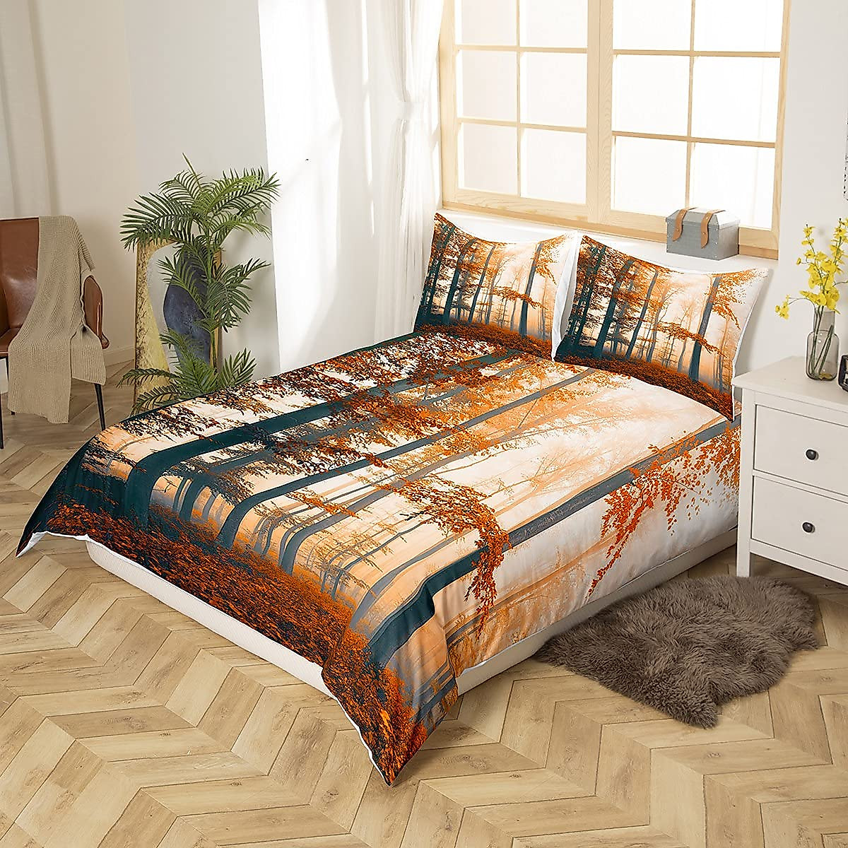 Erosebridal Tree Lush Bedding Set Dense Birch Trees with Red Leaves Duvet Cover Jungle Nature Botanical Print Comforter Cover, Mystical Under Heavy Fog Tall Trees Bed Set, Orange Brown Queen Size