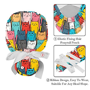 Cute Colorful Cartoon Cat Heads Pattern Working Caps with Buttons, Long Hair Scrub Hats Ponytail Holder for Women