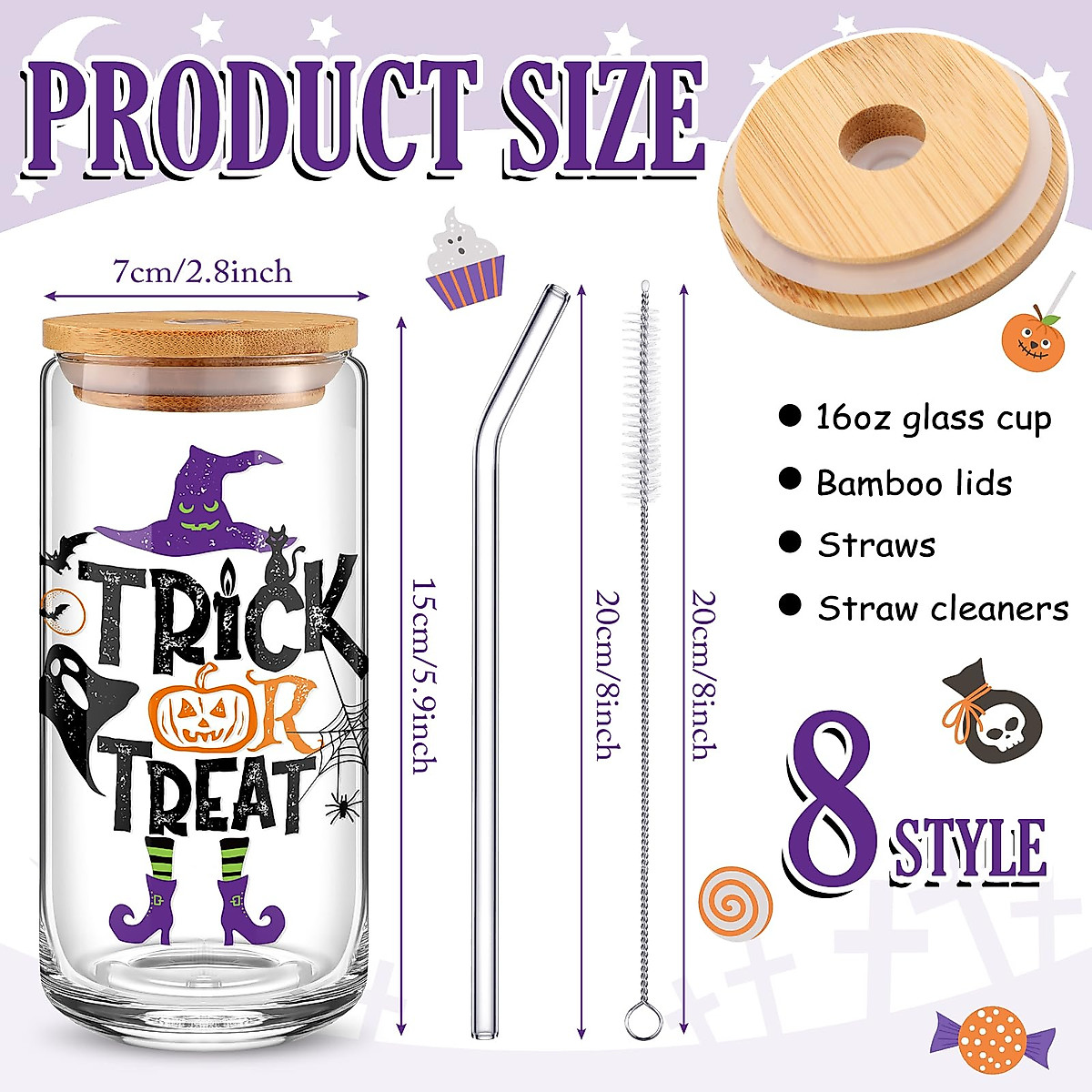 Umigy 8 Pcs 16oz Halloween Glass Tumbler Halloween Iced Coffee Cup with Bamboo Lids and Glass Straw Halloween Party Gift Spooky Pumpkin Bat Mason Glass Cup Cute Ghost Skull Glass Cup