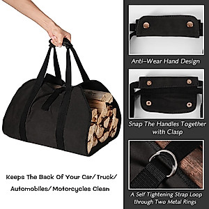 JOINDO Waxed Canvas Firewood Log Carrier, Large Log Tote Bag for Firewood, Heavy Duty Firewood Tote Bag, Water Resistant Wood Carrying Bag With Handles for Outdoor Camping Fireplace,Black