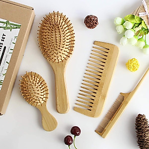 MRD Hair Brush Set, Natural Bamboo Comb Paddle Detangling Hairbrush, Wide-tooth and tail comb No Bristle, suit for Women Men and Kids Thick/Thin/Curly/Dry Hair Gift kit