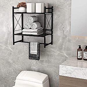 TZAMLI 2-Tier Towel Rack Wall Mounted Bathroom Shelves with Towel Bar, Floating Shelves Over Toilet, Metal Storage Shelf Shower Organizer, Black