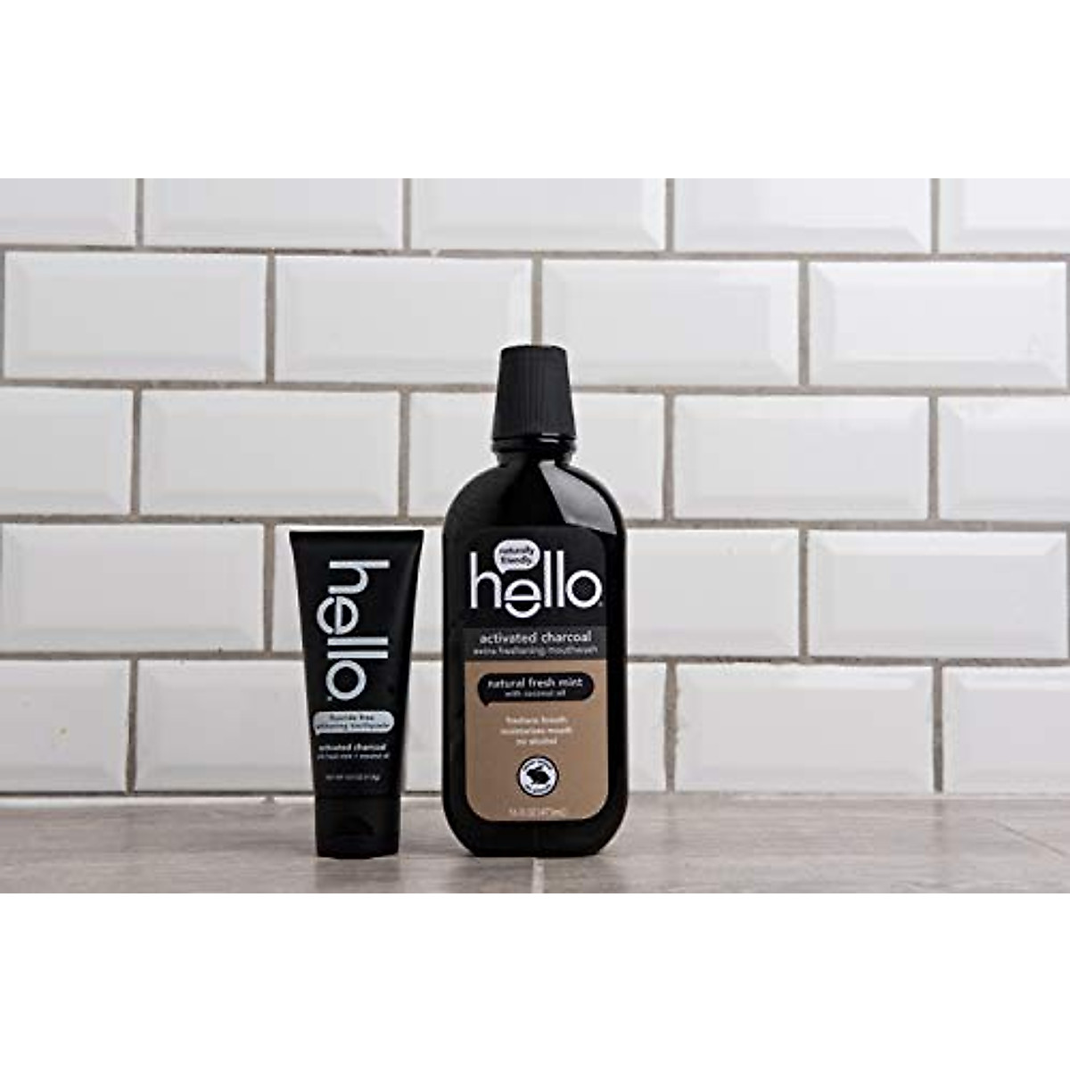 Hello Activated Charcoal Starter Kit Fluoride Free SLS Free Whitening Toothpaste Extra Freshening Mouthwash 2 Charcoal Bristle BPAFree Toothbrushes, Black, 1 Count