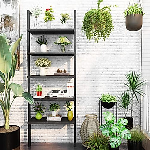 AWQM Black Bookshelf, 5 Tier Modern Bookcase,Wood Wall Mounted Bookshelf,Industrial Ladder Shelf with Stable Metal Frame,Open Display Rack Storage Shelves for Living Room/Home/Office