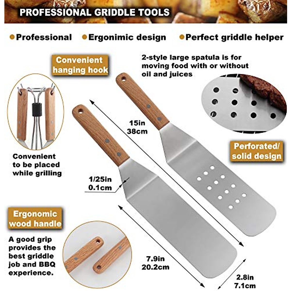 ROMANTICIST 8Pc Professional Griddle Accessories Kit - Heavy Duty Stainless Steel Grill Spatula Set for Grill Griddle Hibachi Flat Top Outdoor Cooking - Great Grill Gift on Birthday Wedding