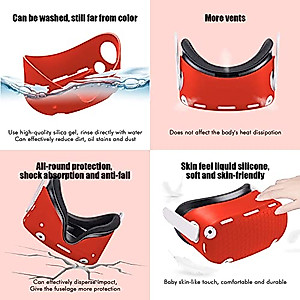 Compatible with Oculus Quest 2 Accessories, Silicone Face Cover, VR Shell Cover, Touch Controller Lengthening Grip Cover with Battery Opening Adjustable with Knuckle Straps Red
