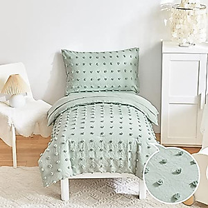 4 Piece Tufted Dots Toddler Bedding Set Solid Green Jacquard Pom Pom Tufts, Soft and Embroidery Shabby Chic Boho Design for Baby Boys Girls, Includes Comforter, Flat Sheet, Fitted Sheet and Pillowcase