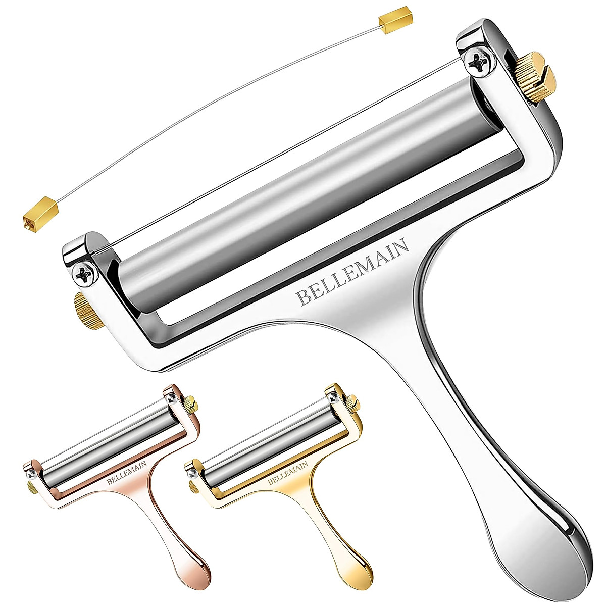 Bellemain Stainless Steel Wire Cheese Slicer - Hand Held Cheese Cutter for Cheddar, Gruyere, Raclette, Mozzarella Cheese Block, Adjustable Cheese Shaver, Thick & Thin Slicer, Cheese Curler (Silver)