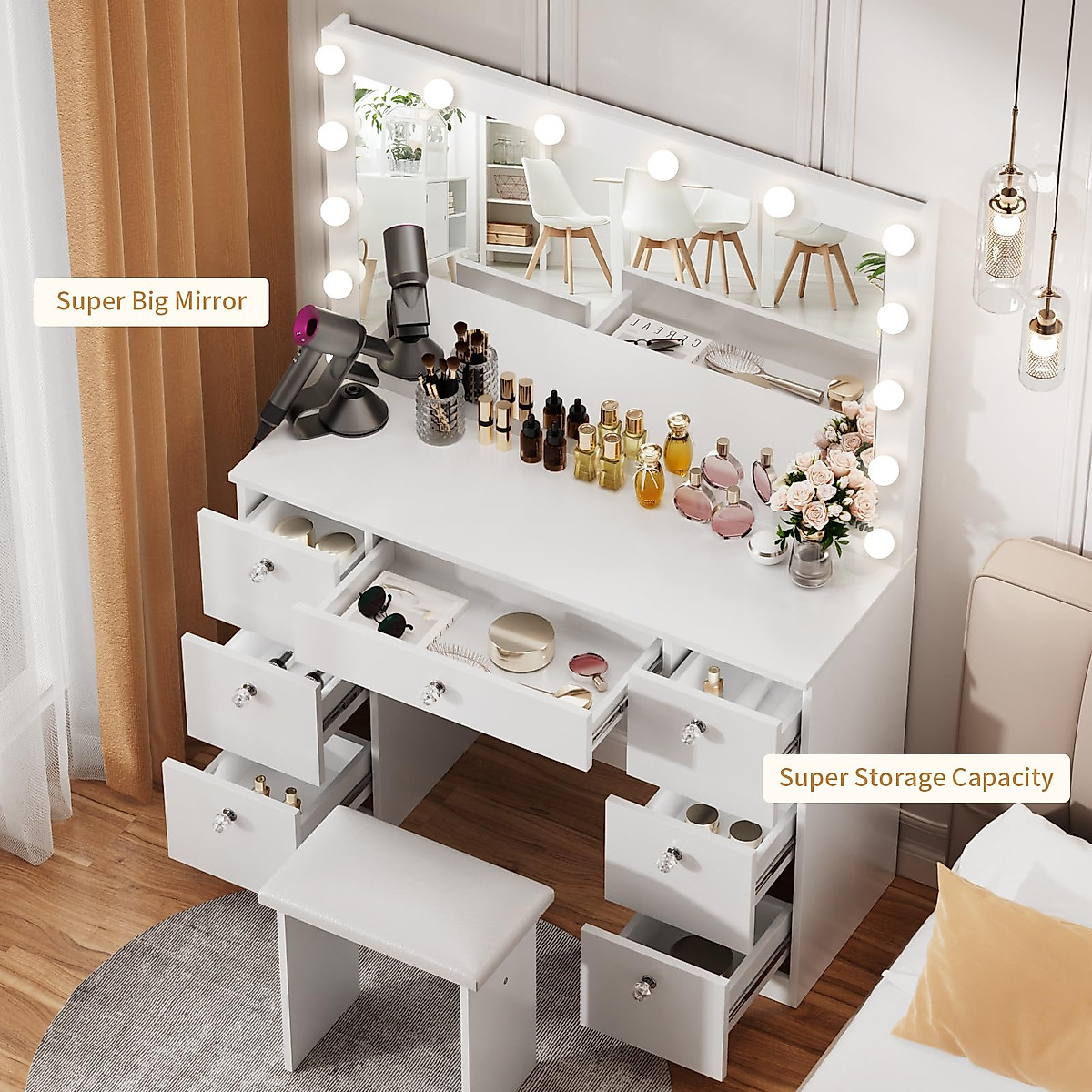 VOWNER Vanity with Lighted Mirror - Makeup Vanity Desk with Power Outlet and 7 Drawers, 3 Color Lighting Modes Adjustable Brightness, 44" Vanity Table with Soft Cushioned Stool for Women Girls, White