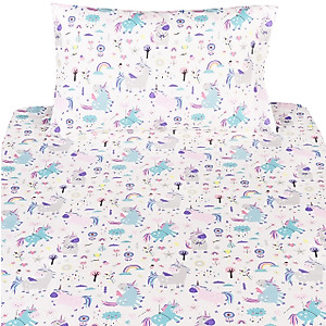 Scientific Sleep Cute Unicorn Flower Rainbow 100% Cotton Cozy Twin Bed Sheet Set, Flat Sheet & Fitted Sheet & Pillowcase Natural Bedding Set (Unicorn, Twin)