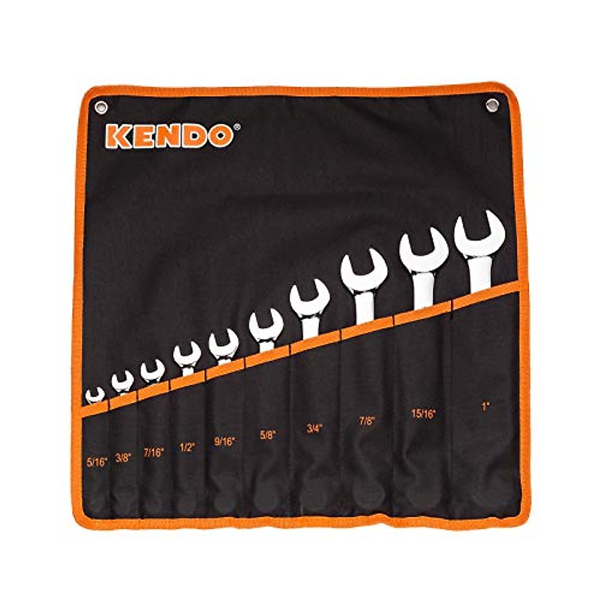 Kendo 10-Pieces Combination Wrench Set – SAE 5/16" up to 1", Chrome Vanadium Steel 12 Point Box and Open Ends Spanner Set for Mechanics – Roll-up Storage Pouch Included