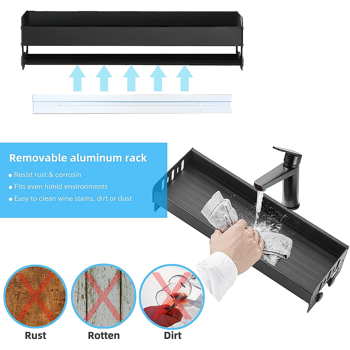 SIMVE Wine Rack Wall Mounted and Glass Holder Modern 15.7 Inch Bottle Floating Shelf with Stemware Hanger Metal Glassware Drying Storage Hanging Organizer for Home Bar Black