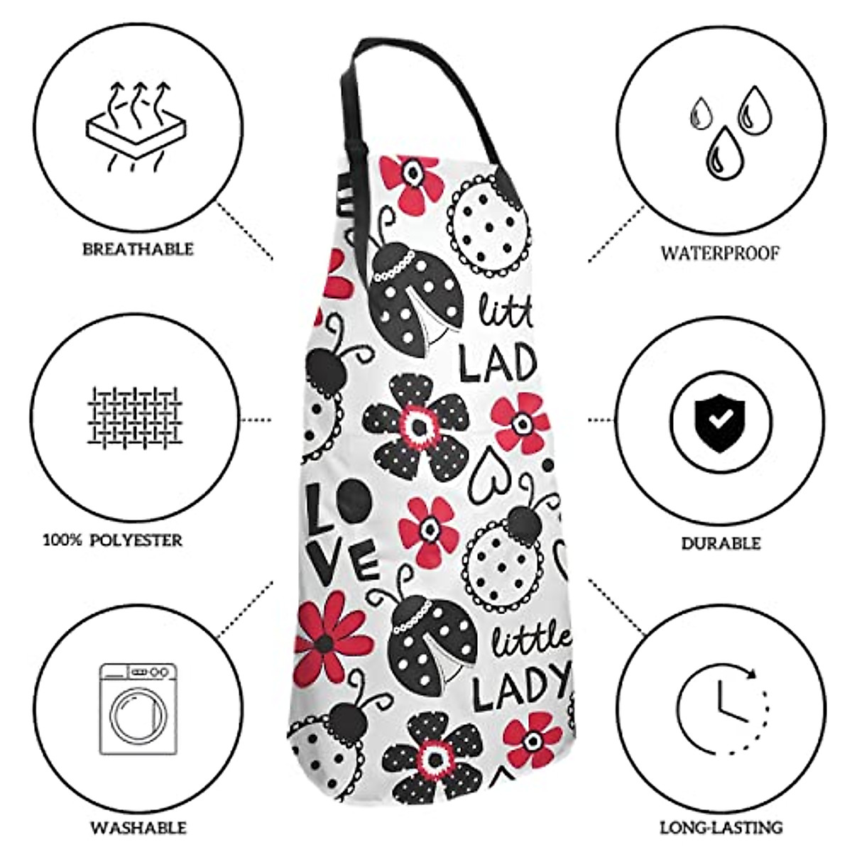 Valentine's Day Love Flower Kitchen Apron -Little Ladybug Cooking Bib Aprons Waterproof Chef Apron for Grilling Baking Gardening Adjustable Neck Strap