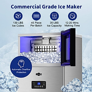 TYLZA Commercial Ice Maker 160 LBS/24H, 15" Wide Under Counter Ice Maker with 35LBS Ice Storage Capacity, Commercial Ice Machine Self Clean Stainless Steel Built-in or Freestanding Large Ice Machine