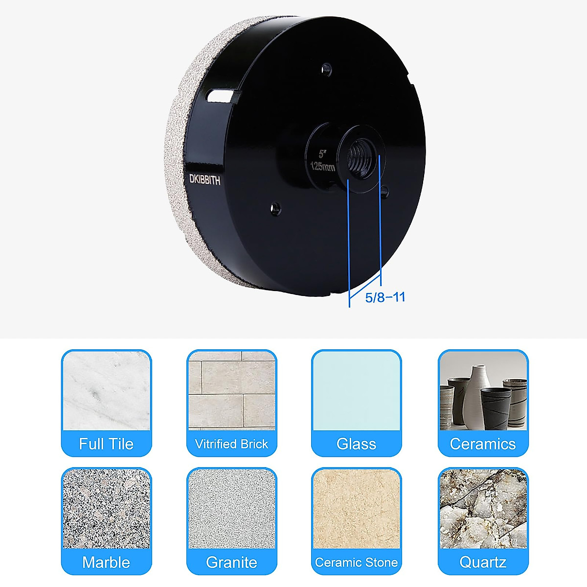 DKIBBITH 5" Dry Diamond Core Drill Bit, Tile Hole Saw for Ceramic Porcelain Granite Quartz Marble Tiles Stone Brick Glass Block with 5/8-11 Thread Fit Angle Grinders, 125mm Black