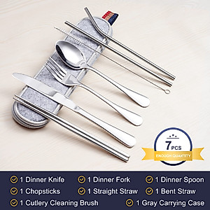 ZXZCTTC 8-Piece Stainless Steel Flatware set， Cutlery Set for Trip Camping,Dishwasher safe，including Knife Fork Spoon Chopsticks Cleaning Brush Straws with Portable Case，Not easy to fade (Silver)