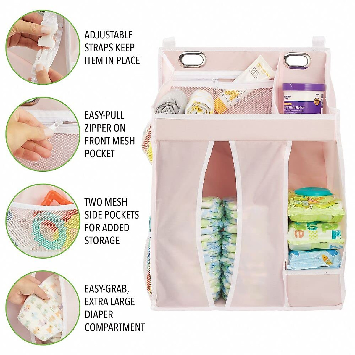 mDesign Baby Nursery Hanging Storage Organizer Caddy and Diaper Stacker for Baby Essentials, Hang on Crib, Changing Table or Wall - Multiple Pockets to Store Wipes, Creams, Lotions,Toys - Light Pink