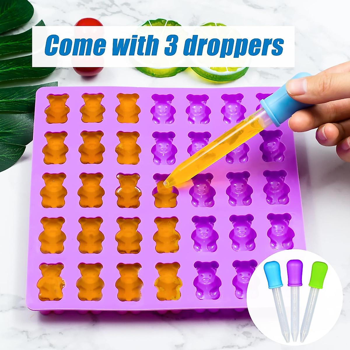 Large Gummy Bear Mold Candy Molds, Non-Stick Silicone Gummy Chocolate Molds BPA Free with 3 Droppers, Set of 3