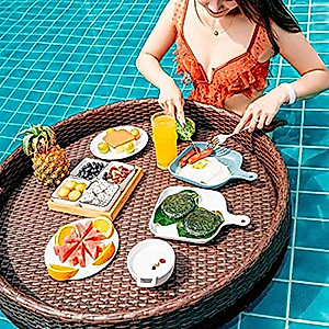 ENPAP Rattan Woven Serving Tray Floating Breakfast Table Serving Buffet Round Tray Drink Holders for Swimming Pool Beach Party Refreshment Durable Foam UV Resistant (Color : Brown, Size : 80cm)