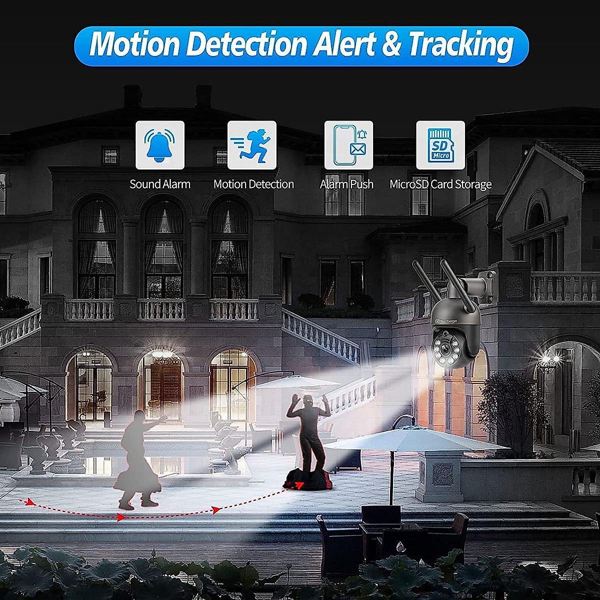 Techage PT815G, Plug-in, Pan Tilt Security Camera Outdoor, Auto Tracking, 3MP, 360° View, WiFi, 2 Way Audio, Color Night Vision with Floodlights, IP66 Waterproof, SD Card/Cloud Storage, Grey