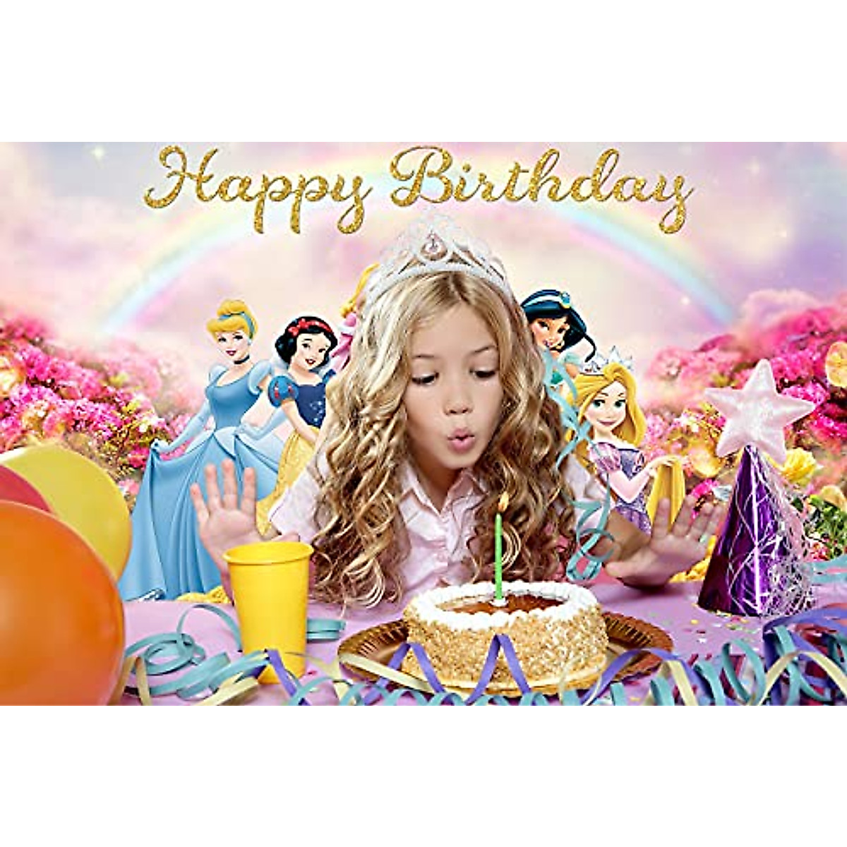 Betta Princess Happy Birthday Backdrop Colorful Rainbow Flowers Photo Backdrop Cartoon Fairy Tale Little Girl Princess Birthday Party Background Multicolor Glitter Photography Background 7x5ft