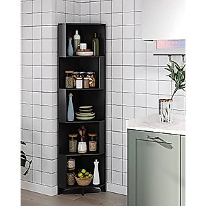 Yusong Bookshelf Corner Shelf Bookcase, Wooden 5-Tier Book Shelves Display Cabinet for Living Room,Bedroom,Bathroom, Black