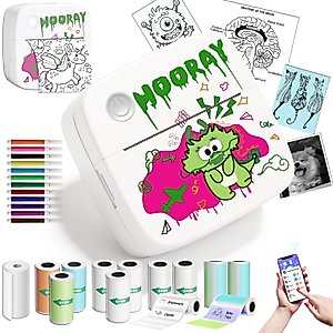 DOLEWA Sticker Printer Mini Print Pod with 13 Rolls Paper Portable Note Printer Compatible with iOS/Android/Tablet, Thermal Printer for Study Notes, DIY, Journal, Label, Memo, Photos (White)