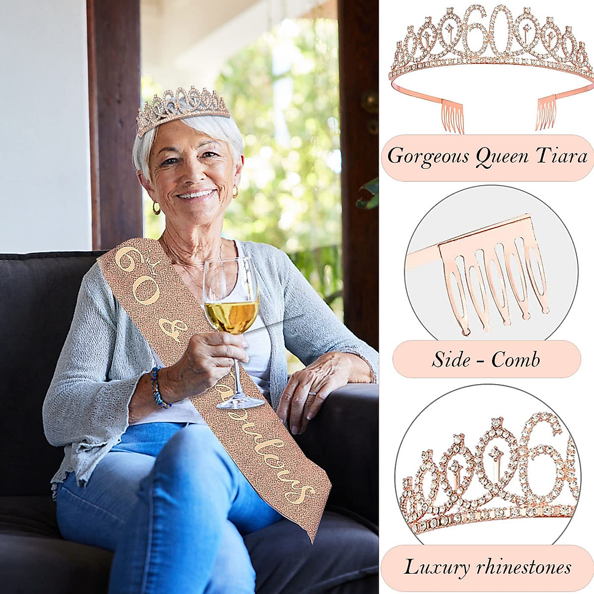 8pcs 60th Birthday Gifts Decorations for Women, Including 60th Happy Birthday Cake Toppers, Birthday Queen Sash with Pearl Pin, Sweet Rhinestone Tiara Crown, Number Candles and Balloons Set, Rose Gold