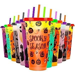 VoziSpace Halloween Decorations Color Changing Reusable Cups with Lids and Straws - 12 Pack 24 oz Plastic Tumblers Bulk with Lids and Straws - Reusable for Party Cups