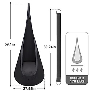 Gold Armour Kids Pod Swing Seat, Child Hammock Chair with Inflatable Pillow, 100% Cotton Hanging Chair for Outdoor and Indoor, Max 176Lbs (Black)