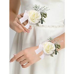 Corsage Wristlet for Wedding Bridal White Corsage Handmade Wedding Rose Wristlet Prom Suit Decorations(White)