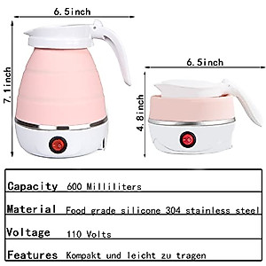 Travel Kettle Electric Small Foldable Portable Kettle,Silicone Collapsible Heating Water Boiler Tea Pot for Camping,Easy for Storage with Separable Power Cord (Pink)