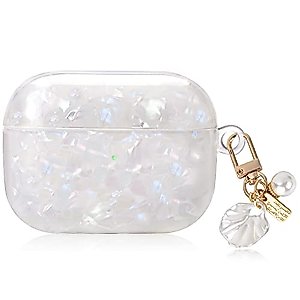Cute AirPods Pro Case with Shell Pearl Keychain Bling Marble Design Hard TPU Cover Comparable with AirPod Pro Case for Girls and Womens