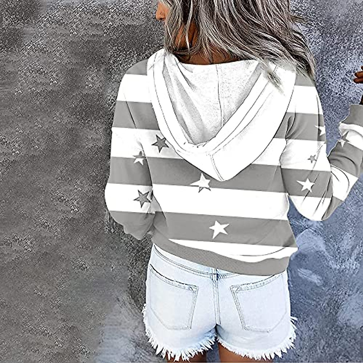 Women Casual Pullover Hoodies Sweatshirt Plus Size Button Down Drawstring Loose Long Sleeve Striped Top with Pockets Gray