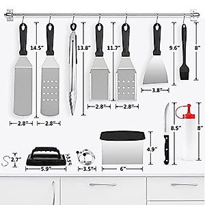Griddle Accessories Kit of 16, HaSteeL Stainless Steel Teppanyaki Tools for Flat Top Grill Hibachi Camping BBQ, Heavy Duty Metal Spatulas, Chopper, Steak Knives, Bottles, Carrying Bag, Easy to Clean