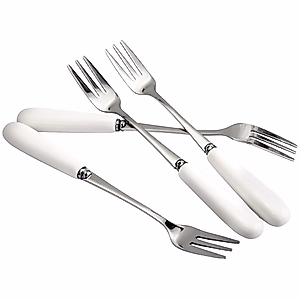MEIYAHOME Fine Dessert Forks 18-10 Stainless Steel Fruit Fork(Creative White Ceramic Handle) Tasting Forks, 3-Tine Forks, sus304 6inch (4 Pcs)