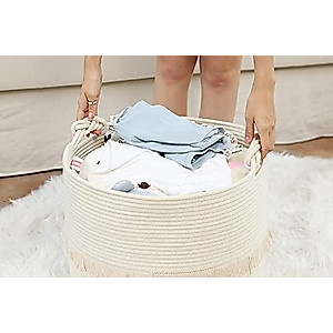 18" x 15" Large Woven Storage Baskets, Cotton Rope Decorative Hamper for Clothes, Blankets, and Laundry, Cute Tassel Decor - Home Storage Container - All White
