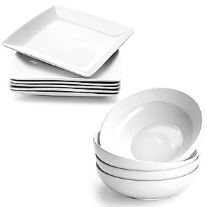 Yedio Porcelain Square Dinner Plates and Pasta Bowls Bundle