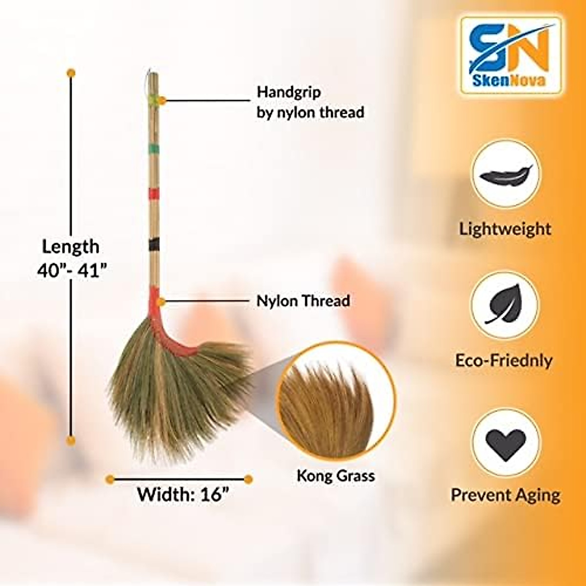 SN SKENNOVA - 40-inch Tall of Thai Grass Broom Asian Straw Broom Whisk Broom House Broom Handmade for Sweeoing wth Multi Color Handle on random