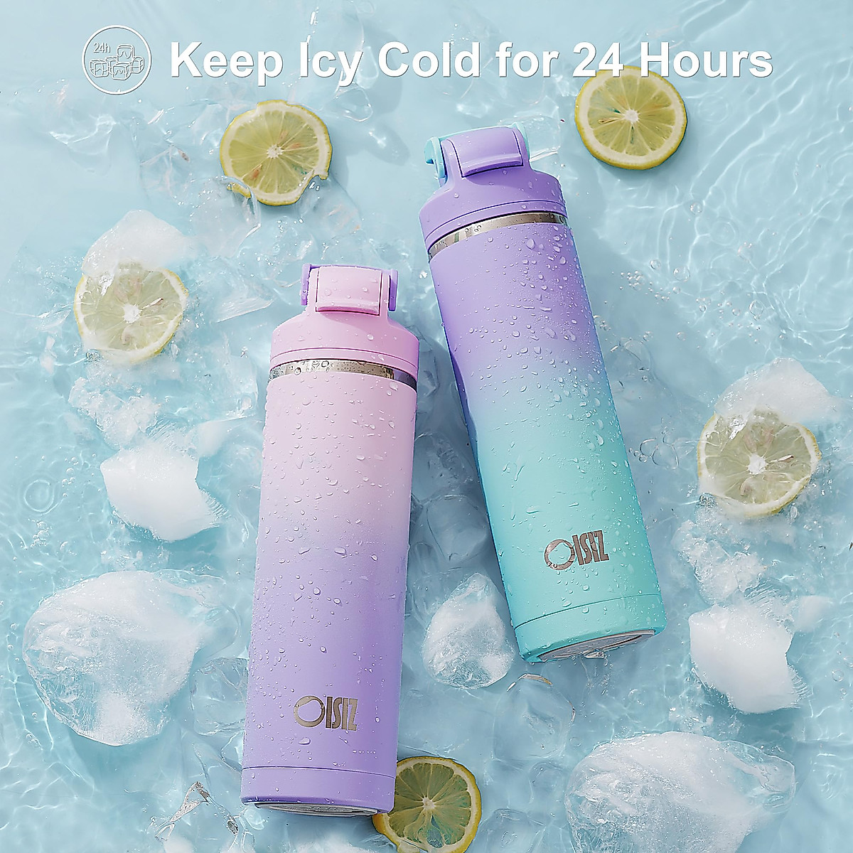 OISIZ Insulated Water Bottle 24 oz with 2-in-1 Straw and Swig Lid, Leakproof and BPA Free, Keep Cold 24H, Vacuum Stainless Steel Kids Water Bottle for School, Travel and Sports, All Dishwasher Safe