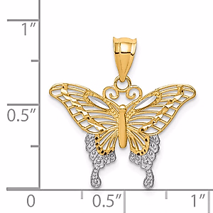 Solid 14k Yellow Gold Two Toned Diamond-cut Butterfly Pendant Charm - 17mm x 22mm